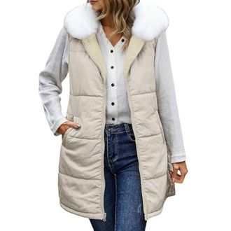 Generic Gilet long &agrave; capuche pour femme - Automne - Hiver - Gilet matelass&eacute; sans manches - Doudoune doubl&eacute;e - Gilet polaire chaud - Gilet long &agrave; capuche - Gil