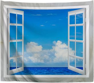 A.Monamour Wandteppiche Wanddekor Blauer Himmel Weiße Wolken Meer Blick Aus Offenem Fenster Bild Stoff Wandtuch Wandbehang Wandkunst Wandbilder für Schlafzimmer 