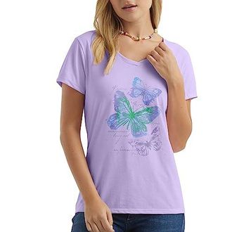 Hanes Womens Short Sleeve Graphic V-Neck Tee, Big Butterfly Impression/Salty Purple, Medium