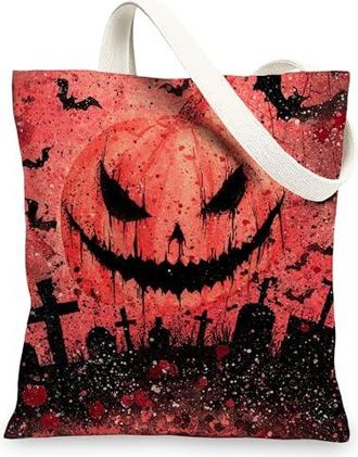 Generic Sacs fourre-tout en toile dHalloween, motif citrouille effrayante et chauve-souris, sacs à provisions réutilisables, gothique, foncé, léger, lavable, 