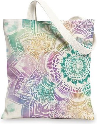 Generic Sac fourre-tout en toile mandala, motif floral coloré, sacs de courses réutilisables, bandoulière artistique légère et lavable, coloré, 13x15 Inch