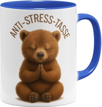 OM3 B&auml;rchen Anti-Stress Kaffee-Tasse - S&uuml;&szlig;e B&auml;r Keramiktasse mit Namaste Motiv - Keramik Becher - 325ml - Beidseitig Bedruckt - Blau