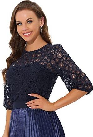 Allegra K Femme Hauts Dentelle Vintage Semi-Transparents Manches 3/4 Bleu Foncé XS