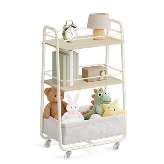 Vasagle LILEA Kollektion - Rollwagen mit Korb aus Stoff, 3 Ebenen, Servierwagen mit Rollen, Ablagen, K&uuml;chenwagen, f&uuml;r Wohnzimmer, Schlafzimmer, K&uuml;che, naturbe