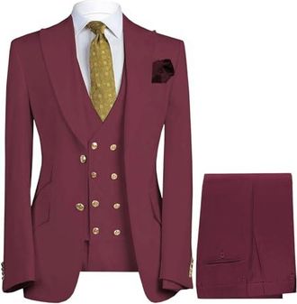 Generic Costume 3 pièces pour homme - Coupe ajustée - Pour mariage, bal de fin dannée, smoking - Tenue formelle daffaires - Veste, gilet et pantalon, rouge vi
