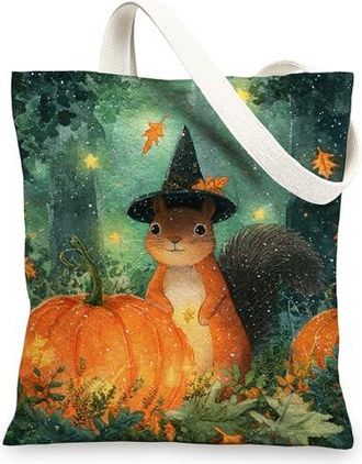 Generic Sacs fourre-tout en toile avec motif écureuil, motif citrouille, sacs dépicerie réutilisables, fantaisie, légers, lavables à bandoulière pour le shopp