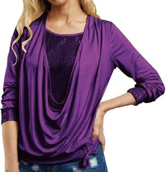 Generic Haut &agrave; paillettes &agrave; manches longues et col en V profond pour femme, chemisier deux pi&egrave;ces &eacute;l&eacute;gant pour soir&eacute;e, sortie, 05 _Violet, XXL