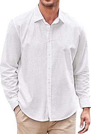 Generic Hauts de plage en coton pour homme - Chemise de plage en lin blanc - Chemise blanche &agrave; manches longues - Chemises &agrave; manches longues pour le Royaume-Un