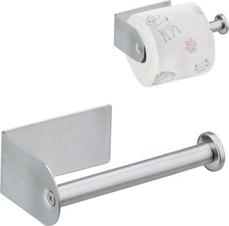Relaxdays Toilettenpapierhalter, ohne Bohren, Edelstahl, Selbstklebender Klopapierhalter, HBT: 4,5x13,5x7 cm, Silber