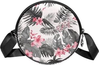 Generic Sac &agrave; bandouli&egrave;re rond pour femme, motif feuilles color&eacute;es, petit sac &agrave; bandouli&egrave;re avec fermeture &eacute;clair, bretelles r&eacute;glables, sac &agrave; main rond d&eacute;cont