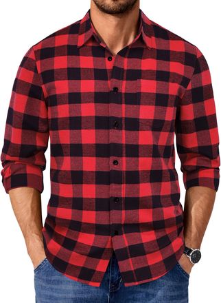 Coofandy Herren Hemd Kariertes Flanellhemd Langarmshirt Männer Freizeithemd mit Brusttasche Casual Karo Hemd Schwarz Rot XXL
