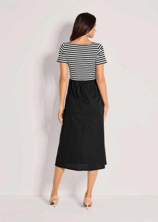 Madeleine Maxikleid Baumwollkleid mit Streifendetails Midikleid mit U-Boot-Ausschnitt, Taschen, Kniel&auml;nge und Kurzarm