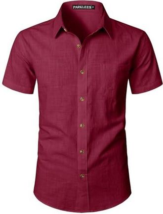 PARKLEES Chemise décontractée à manches courtes en coton et lin pour homme avec poche, rouge vin, XL