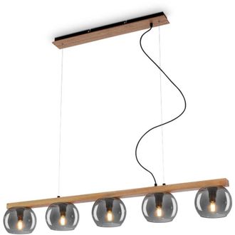 Briloner Pendant lamp, with wood, smoked glass, 5xE14/max.1