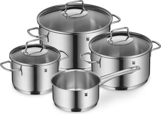 WMF Astoria Kochgeschirr-Set, 4-teilig, hohe Kocht&ouml;pfe mit Deckel (16/24 cm), niedriger Kochtopf mit Deckel (20 cm), Stielkasserolle (16 cm), Cromargan Ed