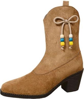 Generic Bottes de cowboy larges et d&eacute;contract&eacute;es pour femme - &Eacute;l&eacute;gantes - Couleur unie - Talon &eacute;pais - Noeud - Confortables - Pour lautomne et lhiver, marron,