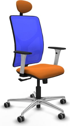 Piqueras y Crespo Drehbarer Schreibtischstuhl ohne Rollen, mit wei&szlig;en und schwarzen Armlehnen, h&ouml;henverstellbare Lendenwirbelst&uuml;tze und festes Kopfteil, Blau/Orange