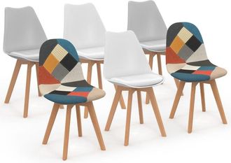 IDMarket Set aus 6 skandinavischen Stühlen sara weiß x 2, hellgrau x 2 und Patchwork in mehreren Farben