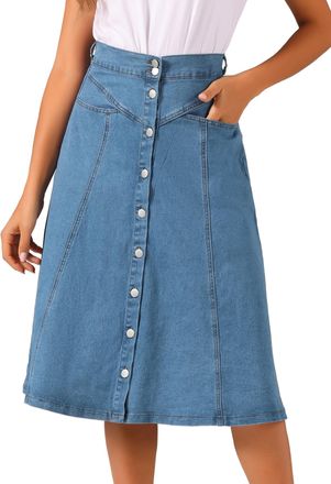Allegra K Damen Denim Rock Dehnbar Hoher Taille Knopfleist Lang Jeansrock A-Linie Tasche Midirock Hellblau XL