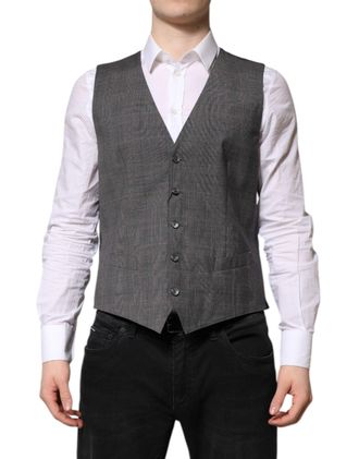 Dolce & Gabbana Mens Gray Plaid Wool Formal Dress Waistcoat Vest Virgin