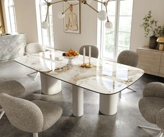 DELIFE Esstisch Edge Boot 240x120 cm Keramik Minas Melange Wei&szlig;-Beige Troa Metall Wei&szlig;, Esstische