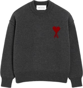 Ami Femme, Pulls, Gris, Taille: 46 FR Wool Knit Crew Neck Intarsia Heart