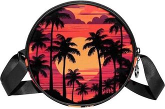 Generic Sac &agrave; bandouli&egrave;re rond pour femme, silhouette de palmier coucher de soleil avec fermeture &eacute;clair, bretelles r&eacute;glables, sac &agrave; main rond d&eacute;contract&eacute; pou