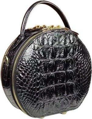 Generic Sac &agrave; main rond pour femme en cuir dalligator v&eacute;ritable, authentique peau de crocodile, petit sac &agrave; main &agrave; bandouli&egrave;re, noir, 19 cm (longueur) x 19 cm