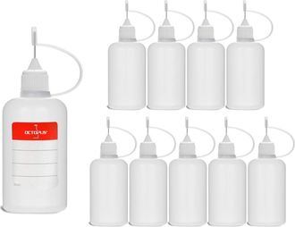 Octopus 10 x 50 ml Nadelflaschen für Flüssigkeiten, Basen, Aromen, Öle, Farben und Klebstoffe, leere LDPE Kunststoffflaschen mit weißen Nadelkappen, inkl. Eti
