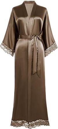 Babeyond Peignoir long et court pour femme - Couleur unie - Manches en dentelle - Satin - Robe kimono - Robe dété - Couleur pure - Café