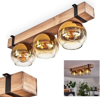 HOFSTEIN Deckenleuchte Montgomery, Deckenlampe aus Metall/Holz/Glas in Schwarz/Natur/Goldfarben/Klar, skandinavisches Design mit Holzbalken (60 cm) u. Glaskuge