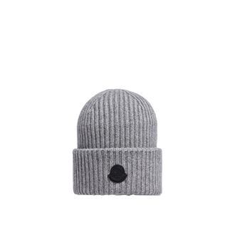 Moncler Moncler Leather Logo Cashmere Beanie, Men, Gray, Size: One Size