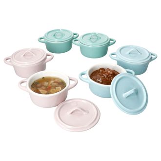 MamboCat Emilia 6er Set Mini-Cocotte I 100ml I Steingut Mini-T&ouml;pfe mit Deckel in Pastell Rosa, Mint & Blau I kleine Ofenform f&uuml;r Vorspeisen, Desserts & Mini-Au