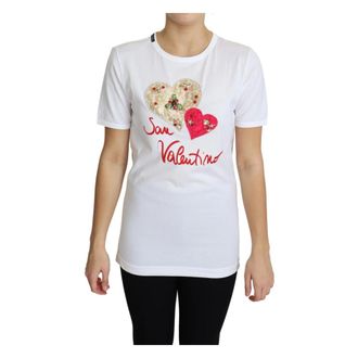 Dolce & Gabbana Femme, Tops, Blanc, Taille: 32 FR T-shirt en coton blanc orné de cristaux