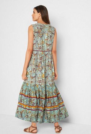 Bonprix Maxikleid eleganter Stil, aus Viskose, Loose Fit, &auml;rmellos, mit Bord&uuml;rendruck