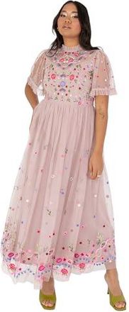 Maya Womens Ladies Midaxi Dress Short Sleeve Ruffle High Neck Embroidered A-Line for Wedding Guest Occasion Prom Ball Gown, Frosted Pink, 48