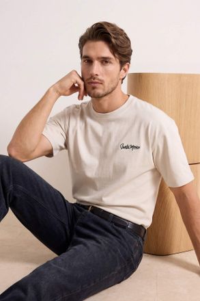 Trendyol MAN Herren Wei&szlig; Slogan Kurz Oversize T-Shirts