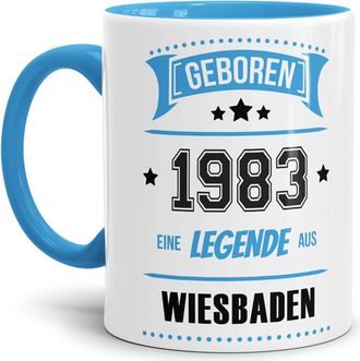 Tassendruck Geburtstags-Tasse Geboren 1983 Eine Legende aus Wiesbaden Innen & Henkel Hellblau/Geschenk/mit Spruch/Mug/Cup/Becher/Qualität Made in Germany