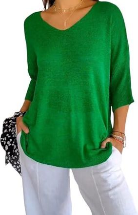 Generic Haut tricot&eacute; &agrave; col en V de couleur unie, pull l&eacute;ger &agrave; manches 3/4, haut tricot&eacute; &agrave; col en V de couleur unie, vert vif, 5XL