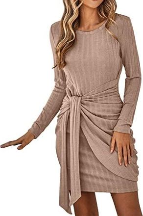 Generic Robe amincissante &agrave; manches longues et col rond pour femme - Couleur unie - Coupe ajust&eacute;e, kaki, XL