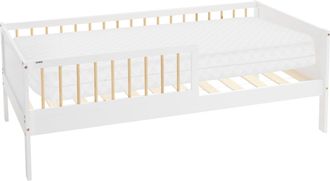 ML Design ML-Design Kinderbett 80x160 cm Weiß-Natur mit Matratze, Einzelbett für Kinder mit Lattenrost & Rausfallschutz, Jugendbett aus Kiefernholz, Holzbett Be