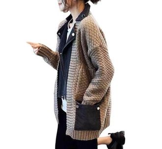 Generic Cardigan en jean avec poches, veste &agrave; boutons contrast&eacute;s tendance, v&ecirc;tements dext&eacute;rieur en tricot boutonn&eacute; patchwork d&eacute;contract&eacute; dautomne, marron, Tai