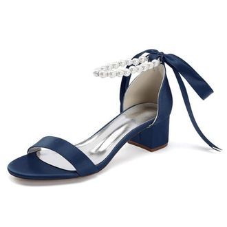 Generic Chaussures De Mariage Femmes Bout Ouvert Talons Sandales Satin&eacute;e Mari&eacute;e Talons Bas Dress F&ecirc;te Hauts Talons4.5Cm,Dark Blue,36 EU