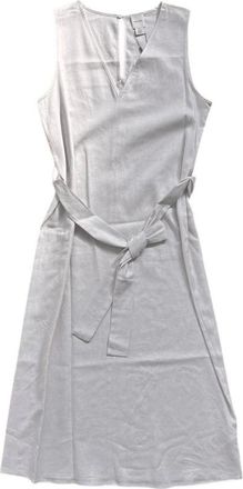 Calvin Klein Femme, Robes, Blanc, Taille: 38 FR Robe Midi Ceintur&eacute;e Sans Manches &agrave; Col en V en M&eacute;lange de Lin