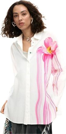 Desigual Femme, Blouses et Chemises, Blanc, Taille: 36 FR Chemise &agrave; Manches Longues Boutonn&eacute;e en Coton &agrave; Fleurs