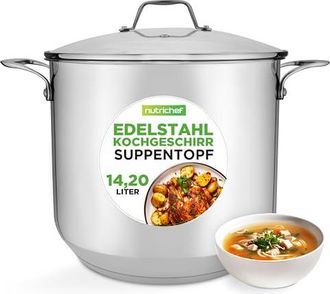 Nutrichef NutriChef Edelstahl Kochtopf 14 L mit Glasdeckel | Induktion & Gas geeignet | Gro&szlig;er 18/8 Suppentopf & Nudeltopf | Hitzebest&auml;ndig bis 260 &deg;C | F&uuml;r all