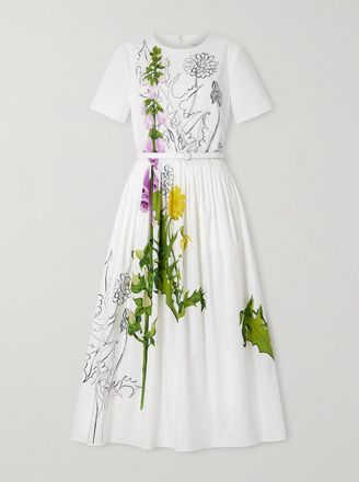 Oscar De La Renta Robe Midi En Popeline De Coton M&eacute;lang&eacute; &Agrave; Imprim&eacute; Fleuri Et &Agrave; Ceinture - Blanc
