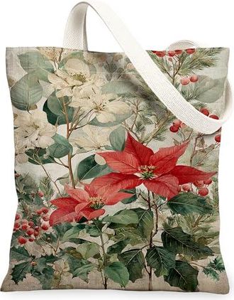 Generic Sacs fourre-tout en toile florale, sacs &agrave; provisions r&eacute;utilisables, vintage l&eacute;gers et lavables avec bandouli&egrave;re, Rouge, 13x15 Inch