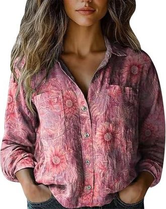 Generic Chemisier &agrave; manches longues pour femme - Style vintage - Chemise florale boh&egrave;me - Col en V - Boutonn&eacute;e - Motif floral - T-shirt &agrave; manches longues - Ch