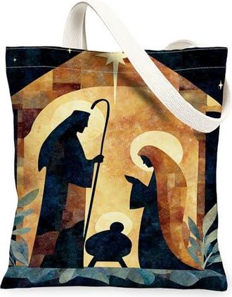 Generic Sacs fourre-tout en toile motif cr&egrave;che de la Nativit&eacute; - R&eacute;utilisables - L&eacute;gers et lavables - Avec bandouli&egrave;re, multicolore, 13x15 Inch